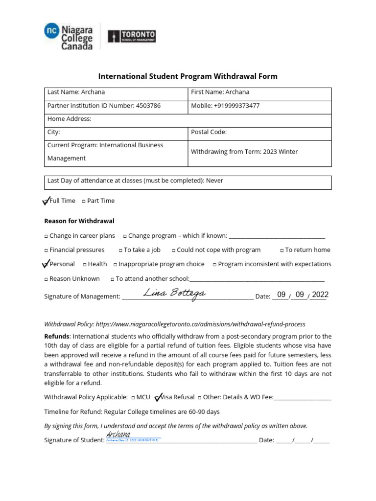 International Student Withdrawal Form | PDF