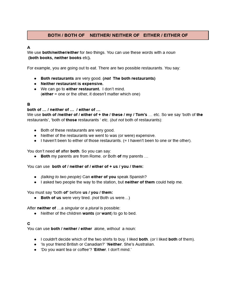 Both - Both of Neither - Neither of Either - Either of | PDF | Grammar ...