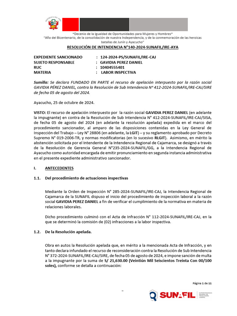 RESOLUCIÓN DE INTENDENCIA N° 140-2024-SUNAFIL-IRE-CAJ gavidia peres ...
