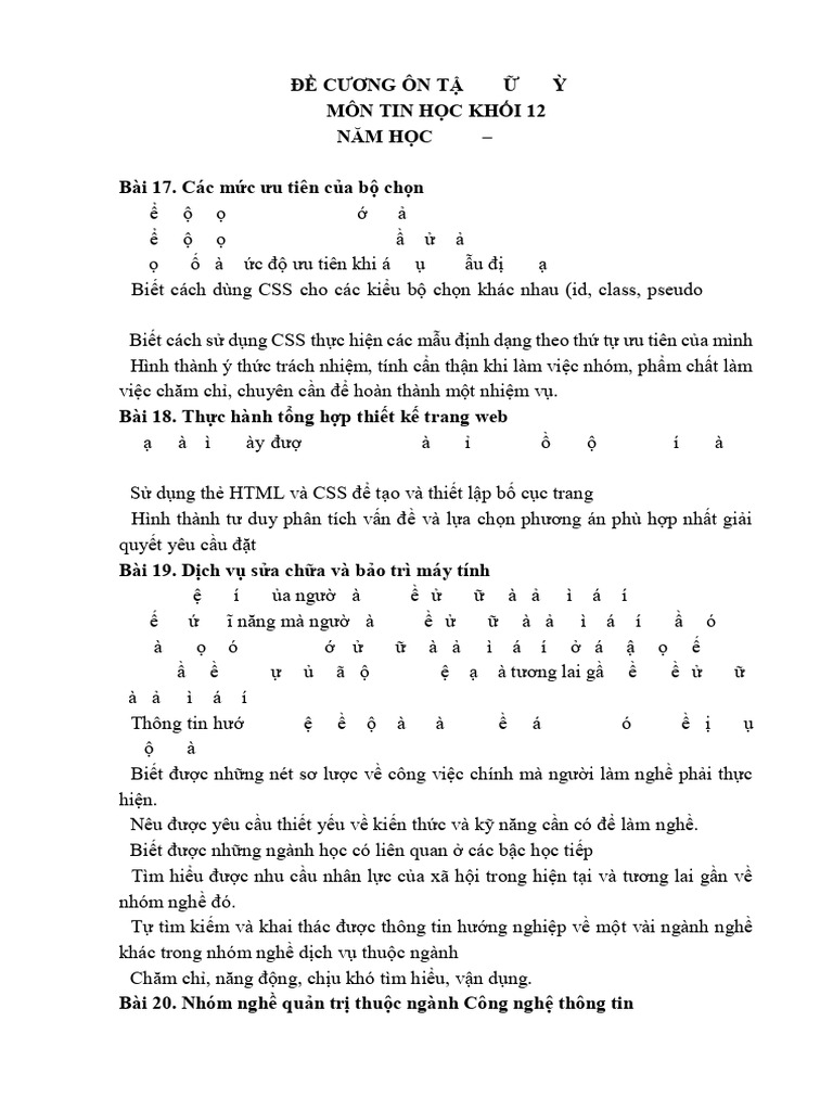 DE CUONG ON TAP GK 2 Tin 12 - 2024 - 2025 - Gui HS | PDF