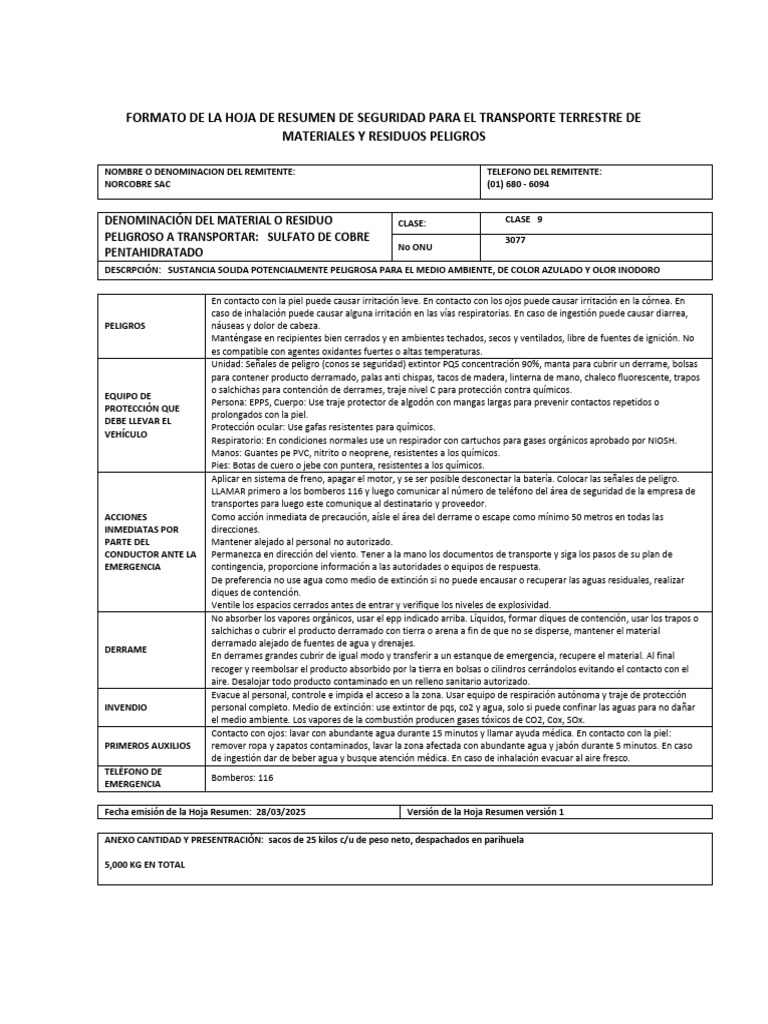 Resumen de Seguridad para Transporte de Sulfato de Cobre | PDF | Agua | Cobre