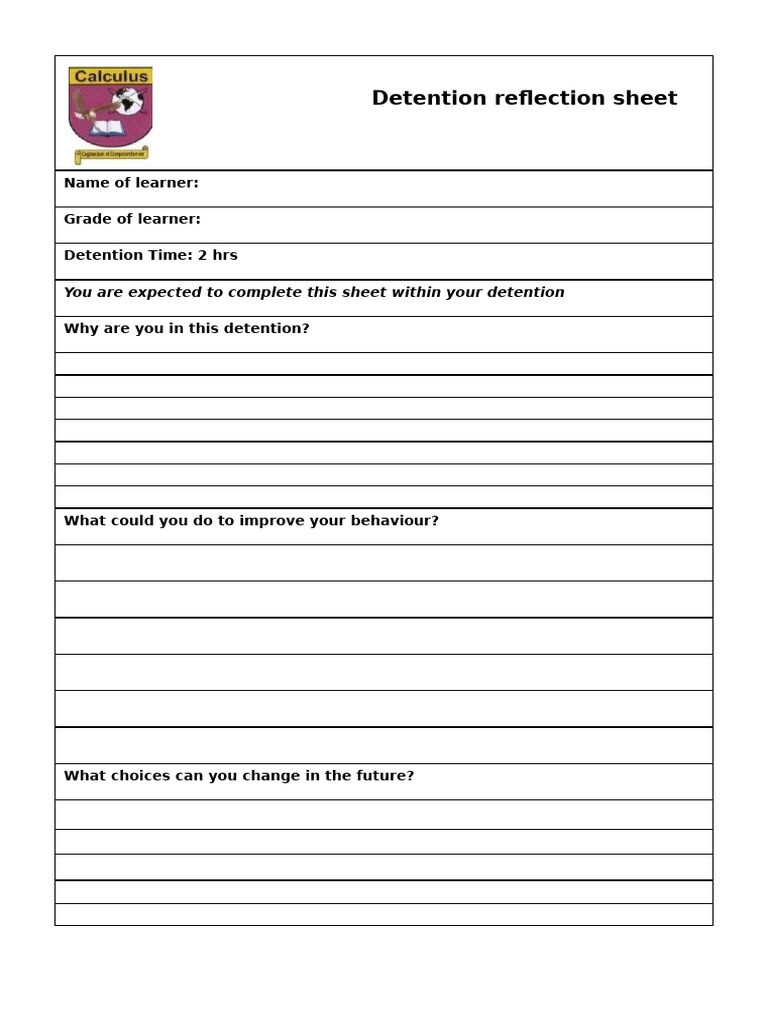 Detention Reflection Sheet | PDF
