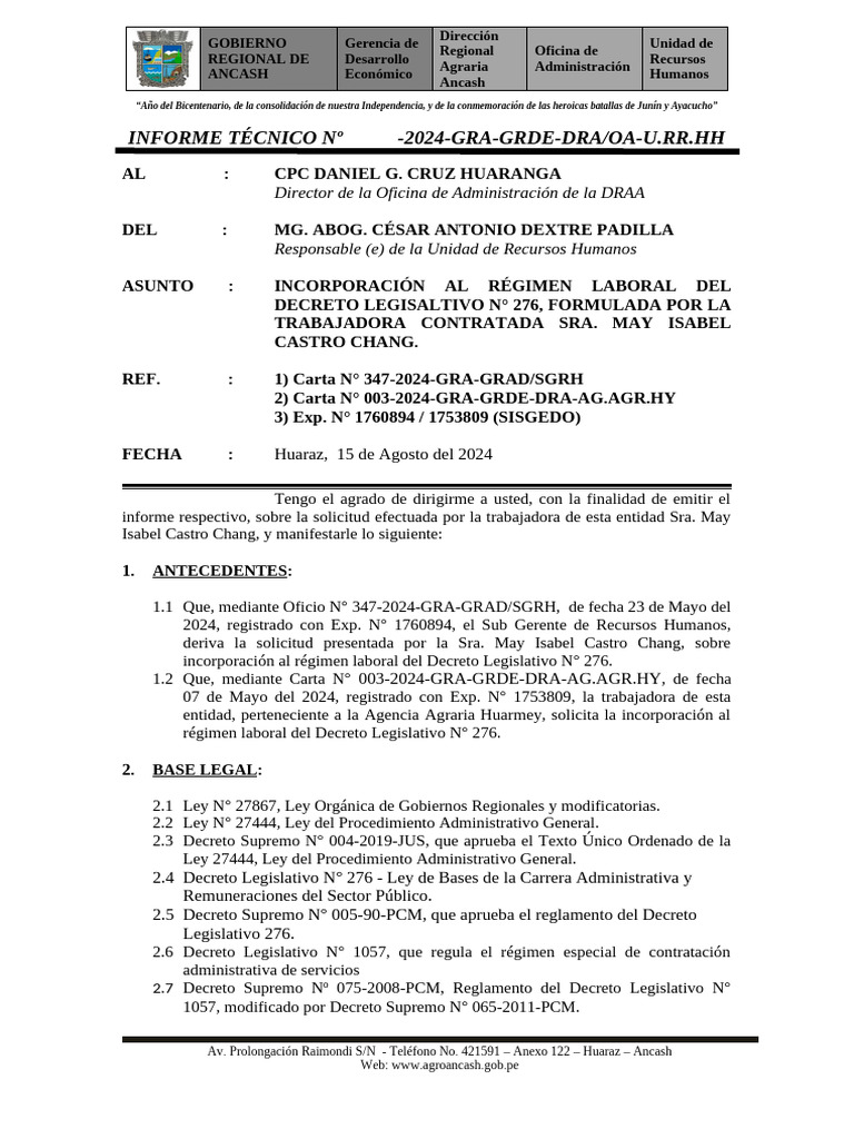 Informe Técnico - Incorporación Al D. L. 276 - May Castro Chang | PDF | Justicia | Crimen y ...