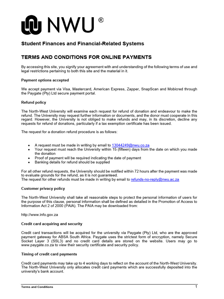 NWU Online Payment Terms & Refund Policy | PDF | Credit Card | Payments