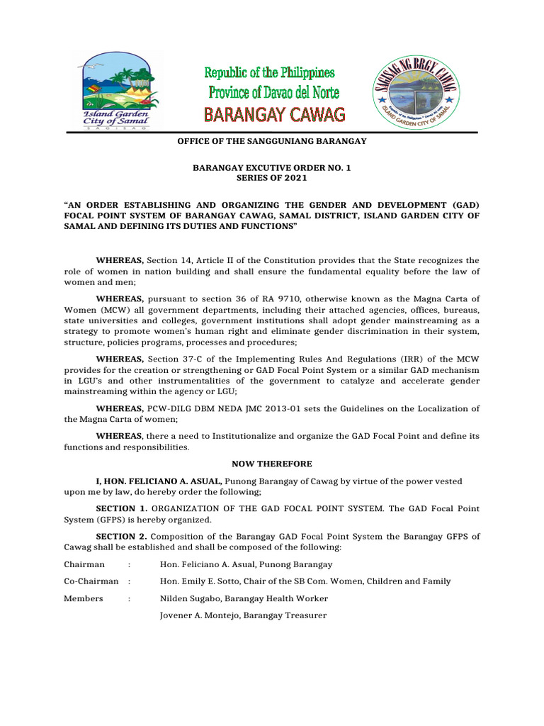 Cawag Barangay GAD Focal Point Order | PDF | Human Rights | Social Ethics