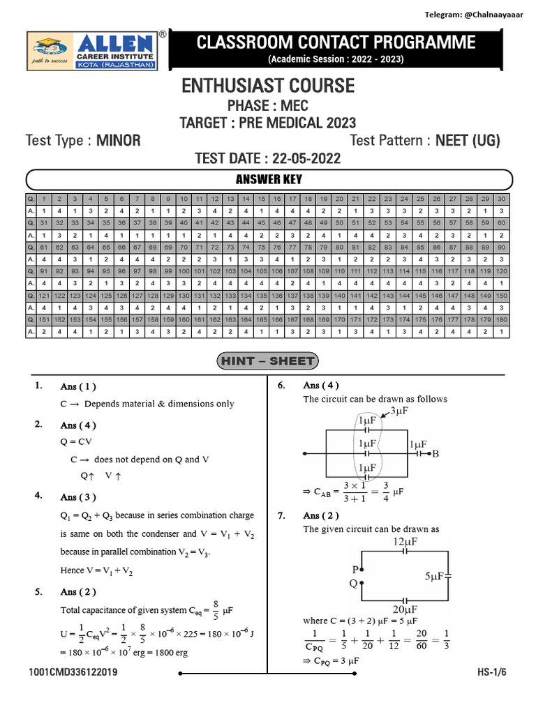 Enthuse Mec Test-03 22 May So | PDF | Capacitance | Capacitor