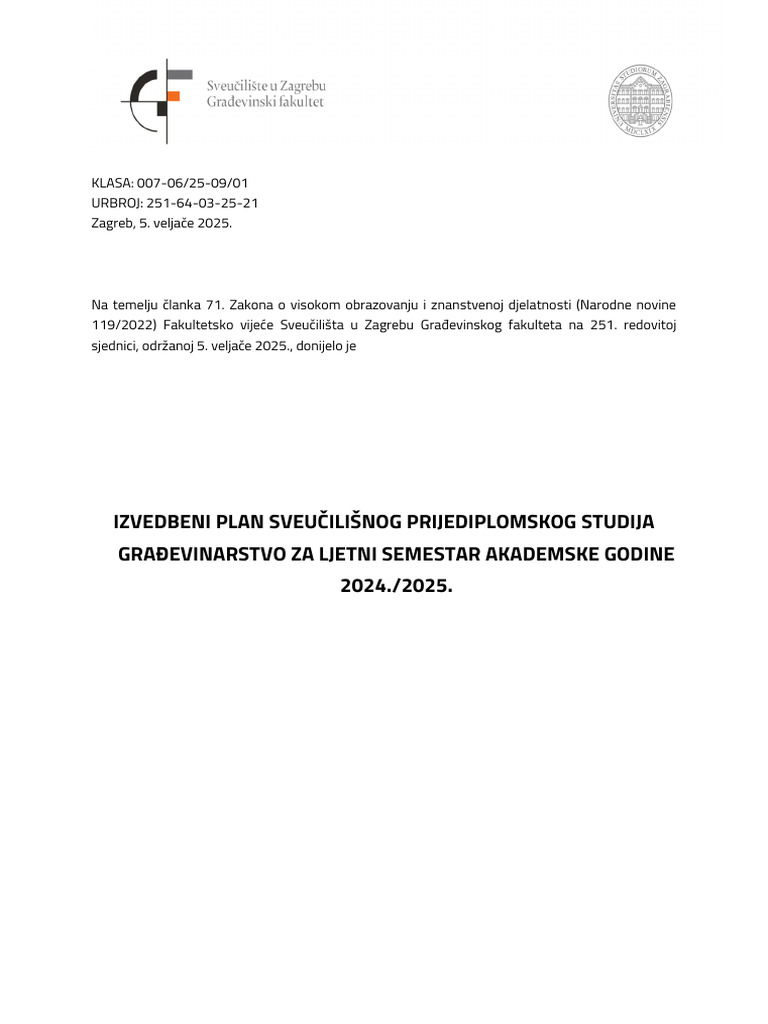 Izvedbeni plan za ljetni semestar akademske godine 2024.-2025. prijediplomski studij | PDF