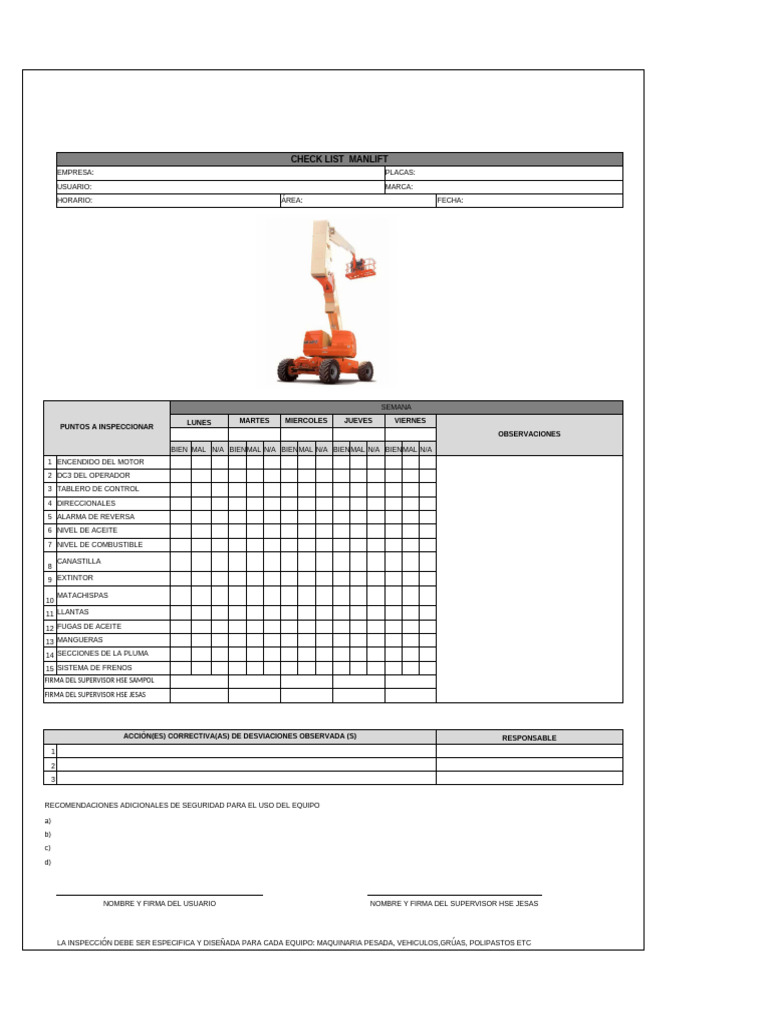 Checklist de Inspección Manlift | PDF