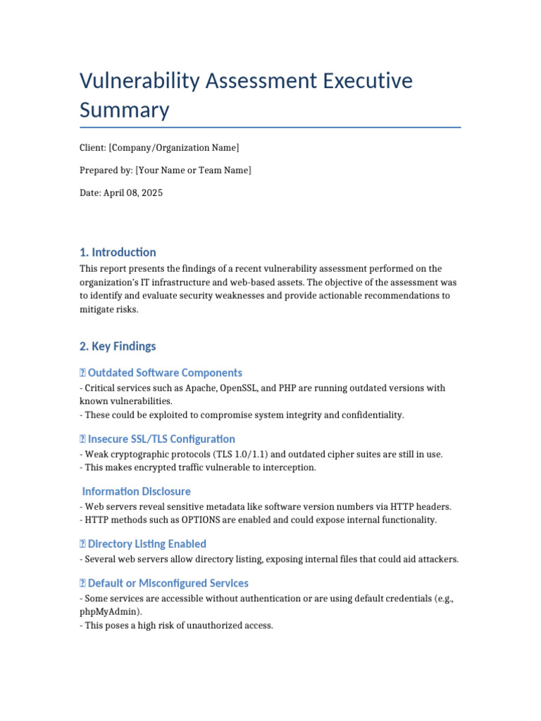 Vulnerability Assessment Executive Summary | PDF | Transport Layer Security | Security