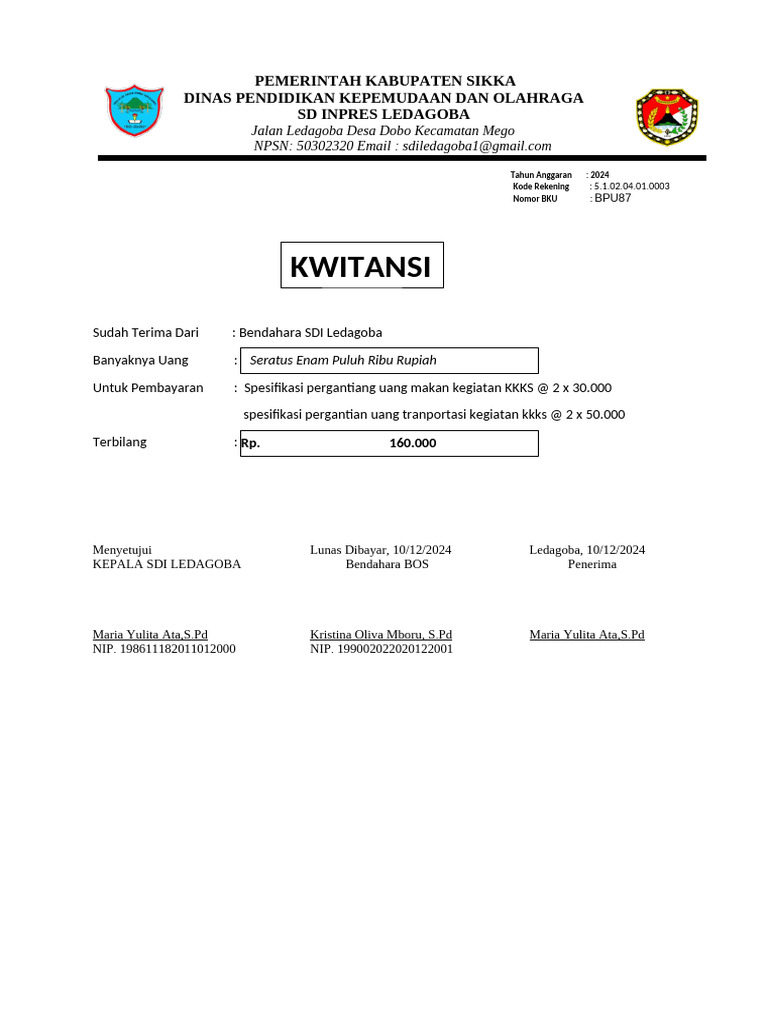 Kwitansi Pembayaran SD Inpres Ledagoba | PDF