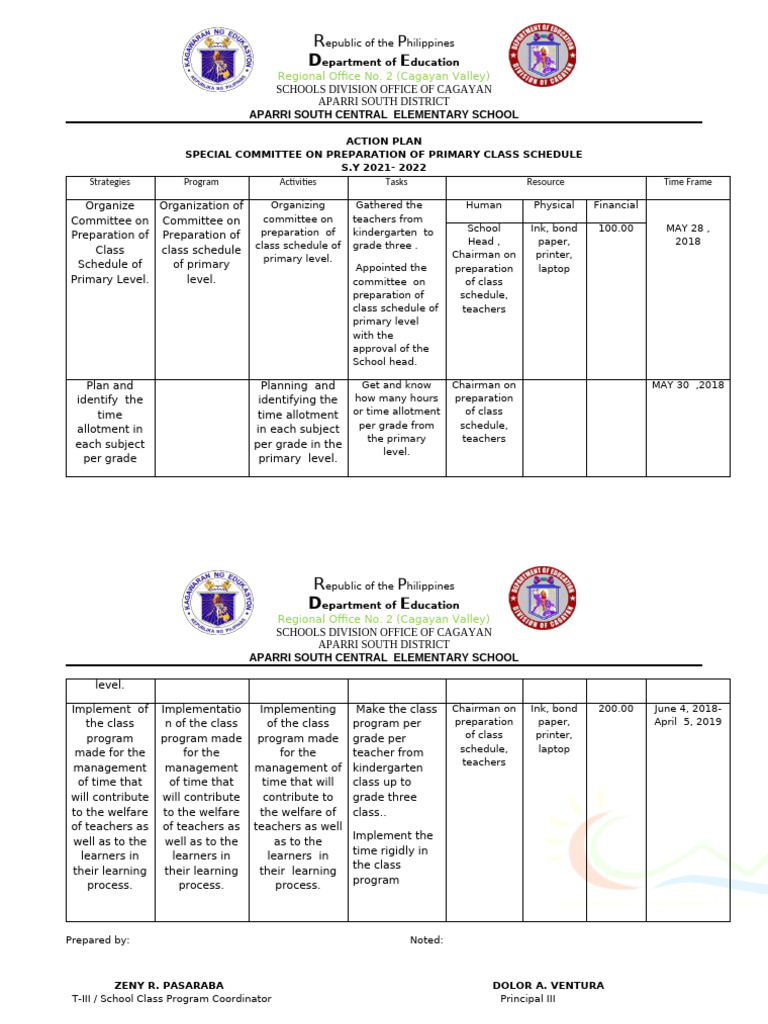 Primary Class Schedule Action Plan 2021-2022 | PDF | Schools | Social ...