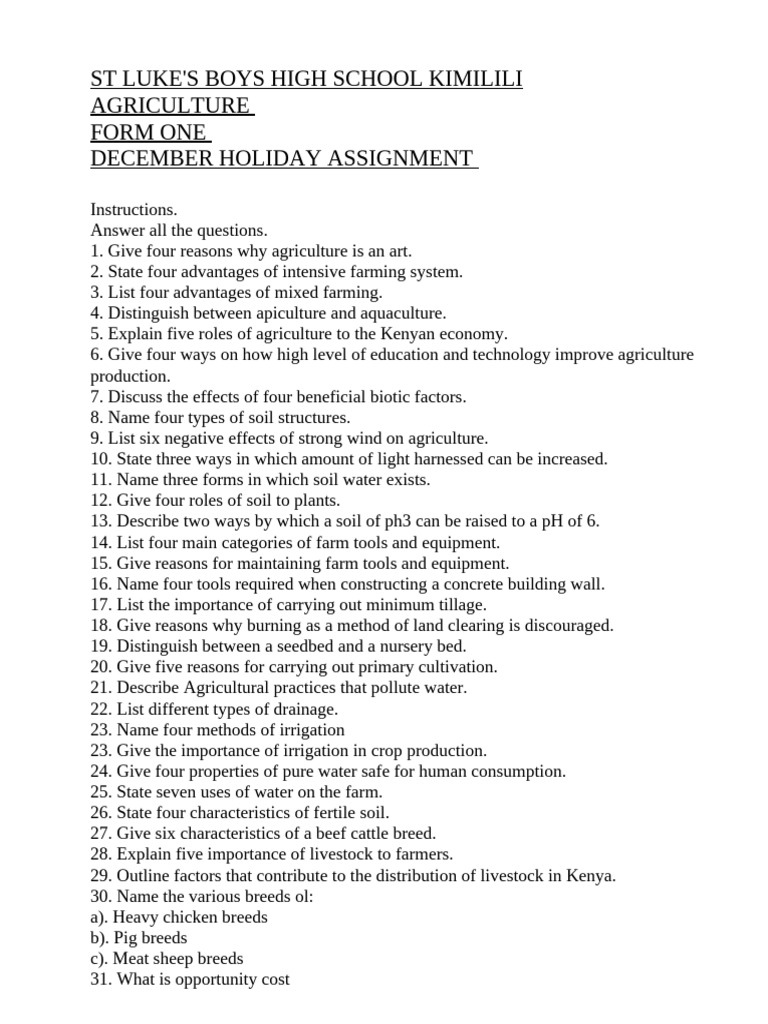 St. Luke's Form One Agriculture Assignment | PDF | Agriculture | Soil