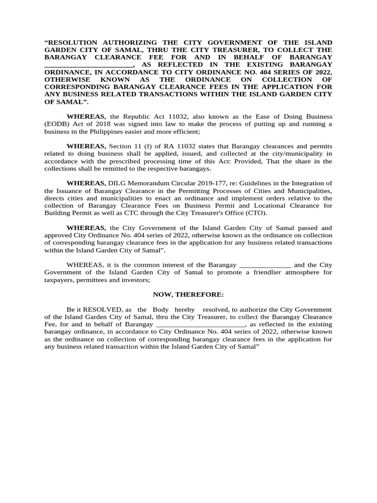 Draft Resolution Authorizing The City Government To Collect Barangay ...
