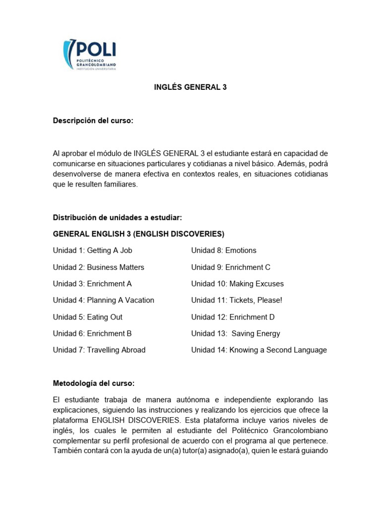 Programa INGLÉS GENERAL 3 Bloque 1 | PDF