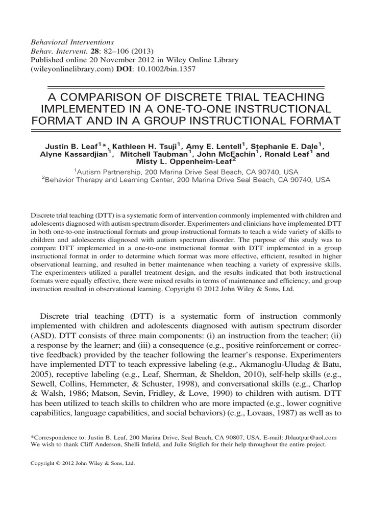 DTT One On One and Group Setting Comparision | PDF | Autism | Behavioural Sciences