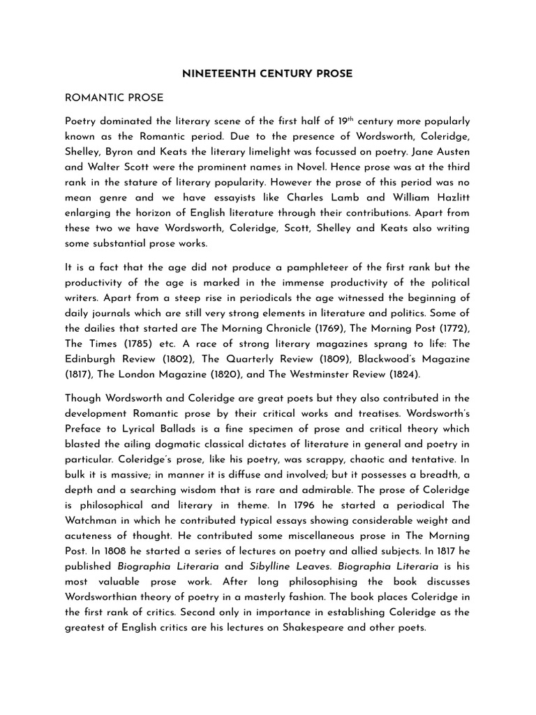 Nineteenth Century Romantic Prose | PDF | Samuel Taylor Coleridge ...