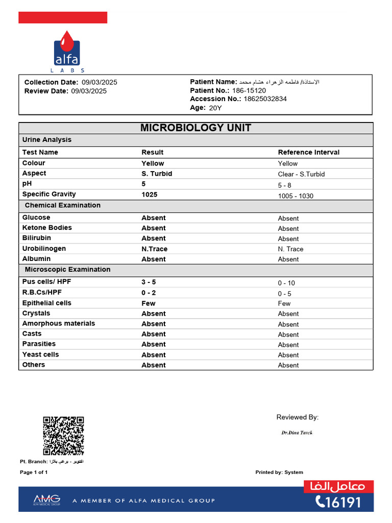 Urine Analysis Results for Patient 186-15120 | PDF