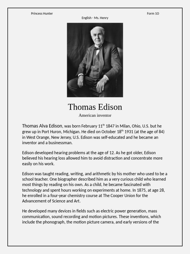 Thomas Edison - English Biography Assignment | PDF