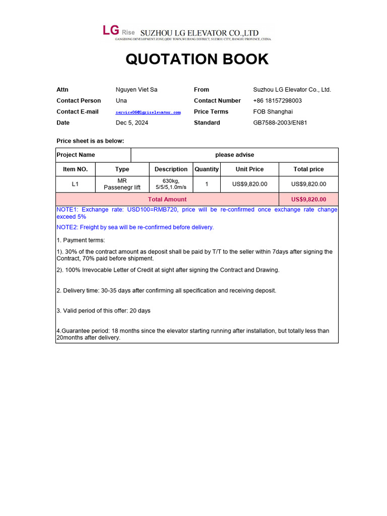 LG Rise Quotation Elevator-20241205-A | PDF | Elevator | Door