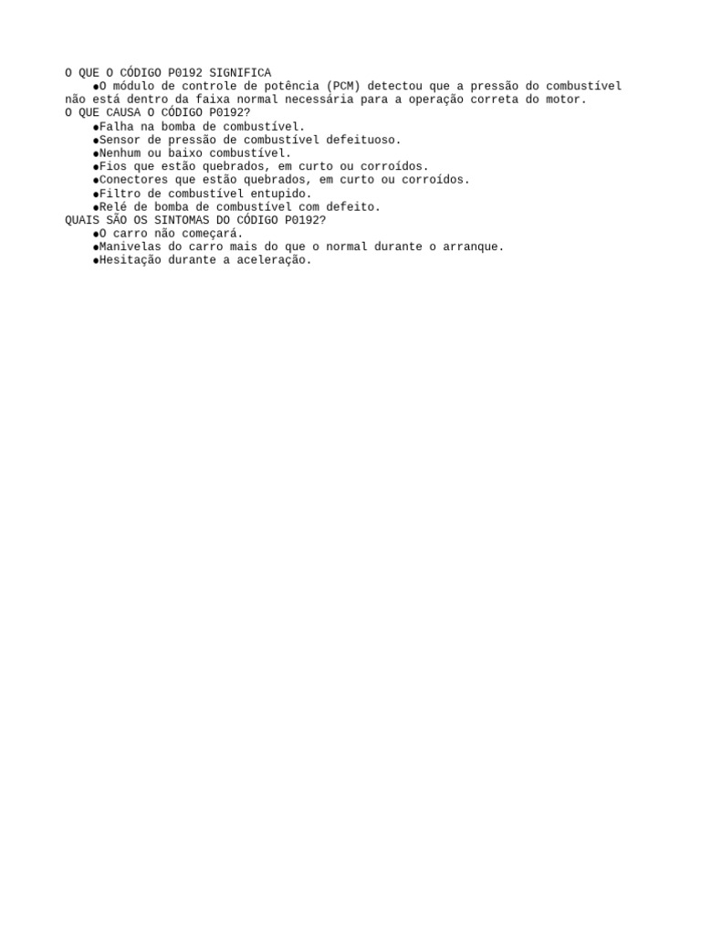 Significado e Causas do Código P0192 | PDF