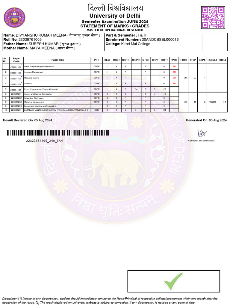 DU Master's Marks Statement June 2024 | PDF | Applied Mathematics