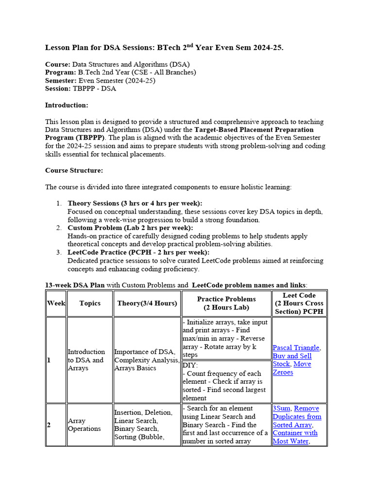DSA Lesson Plan for BTech 2024-25 | PDF | Queue (Abstract Data Type ...