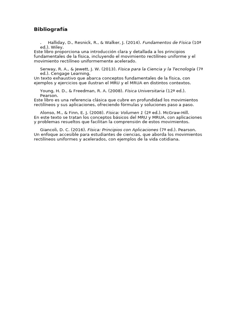 Bibliografía sobre Movimiento Rectilíneo | PDF