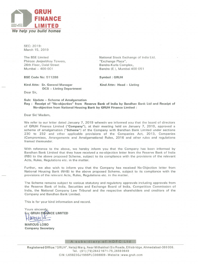 Intimation To Ses Receipt of Noc Letter From Rbi by Bandhan &noc Letter ...