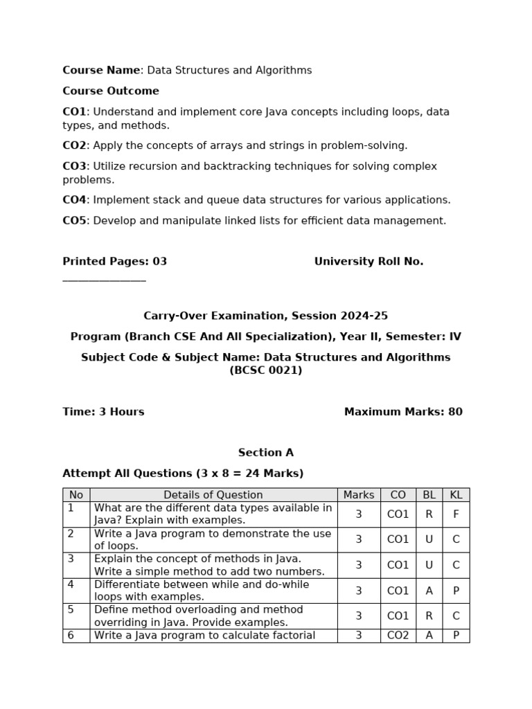 CarryOver DSA Question Paper | PDF | Mathematical Logic | Applied Mathematics