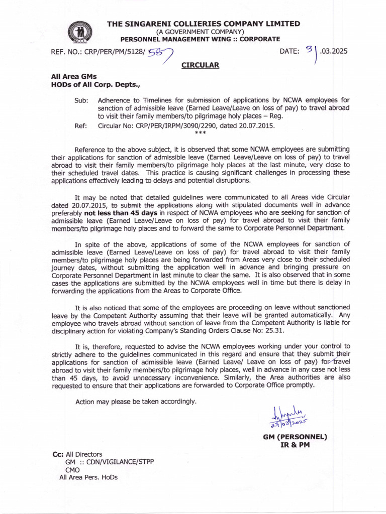 Circular Leave Applicaitons - 45 Days Timeline To All Areas | PDF