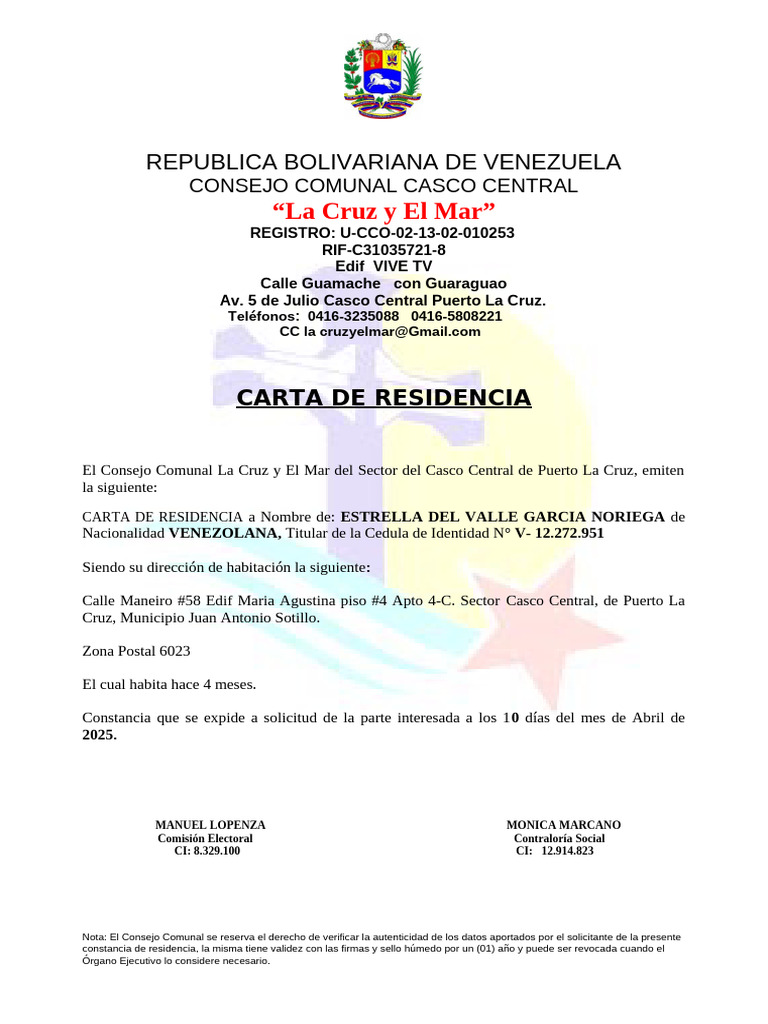 Carta de Residencia Estrella del Valle | PDF