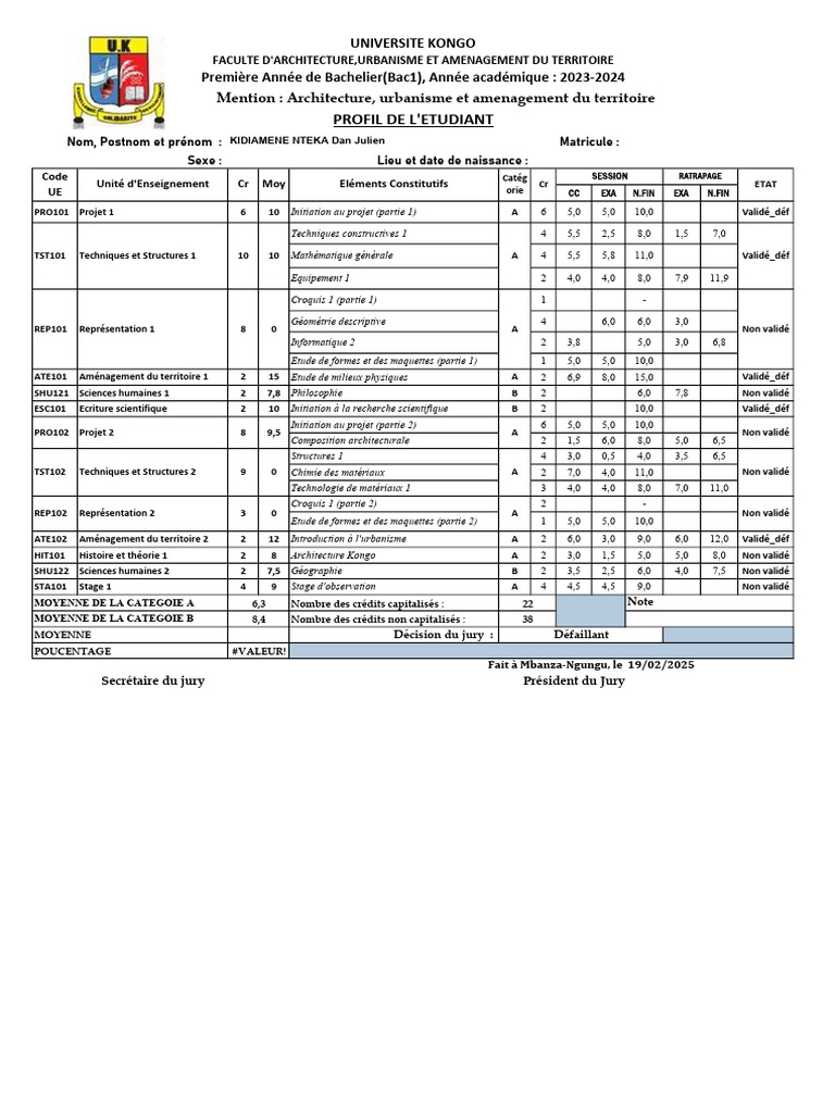 Résultats académiques Bac1 Architecture | PDF
