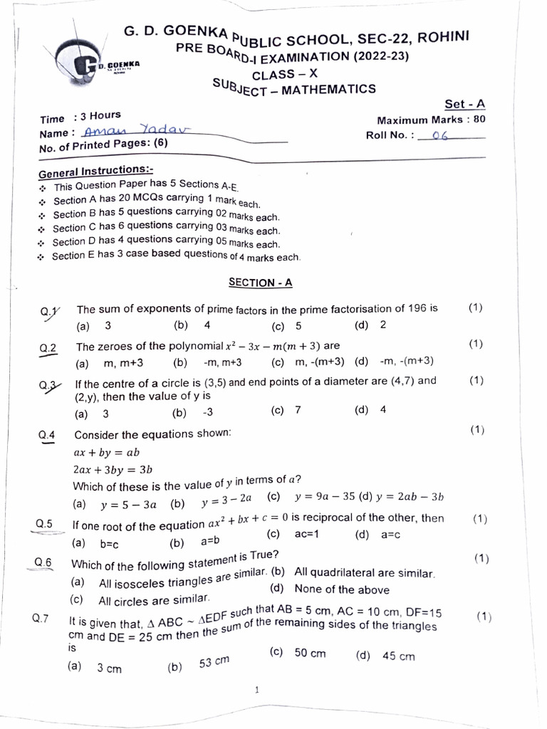 G. D. Goenka Preboard Maths | PDF | Circle | Area