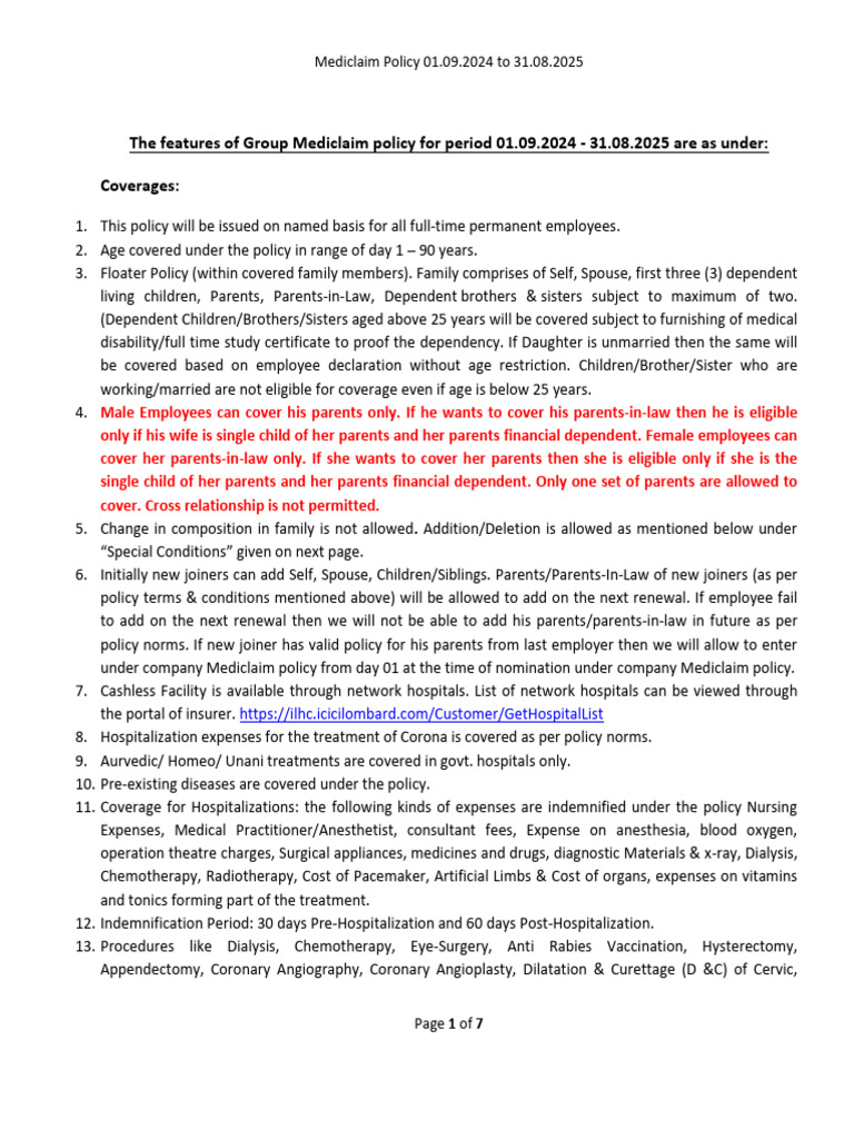 Group Mediclaim Policy 2024-2025 Details | PDF | Insurance | Deductible