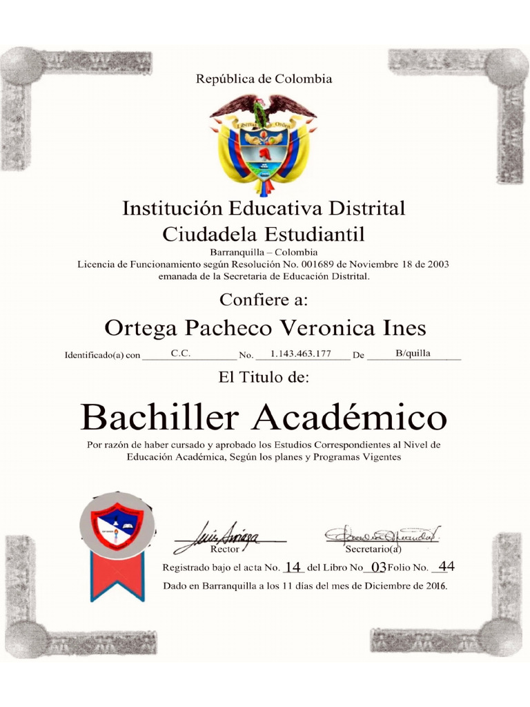 DIPLOMA BACHILLER VERÓNICA PACHECO | PDF