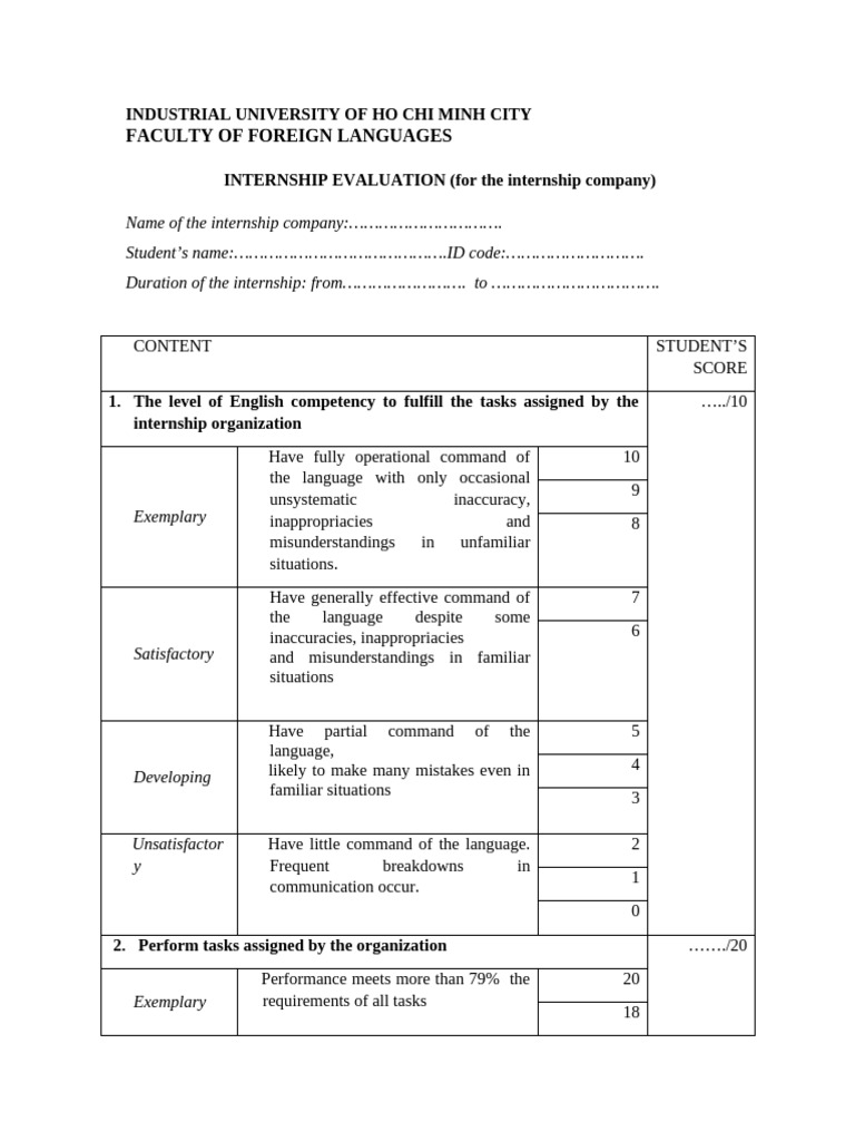 Evaluation Form For The Internship Company | PDF | Behavior Modification | Social Psychology