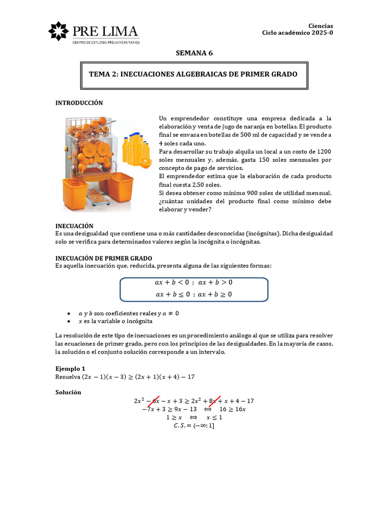 Separata - Inecuaciones Algebraicas de Primer Grado - 2025-0 | PDF | Desigualdad (Matemáticas ...