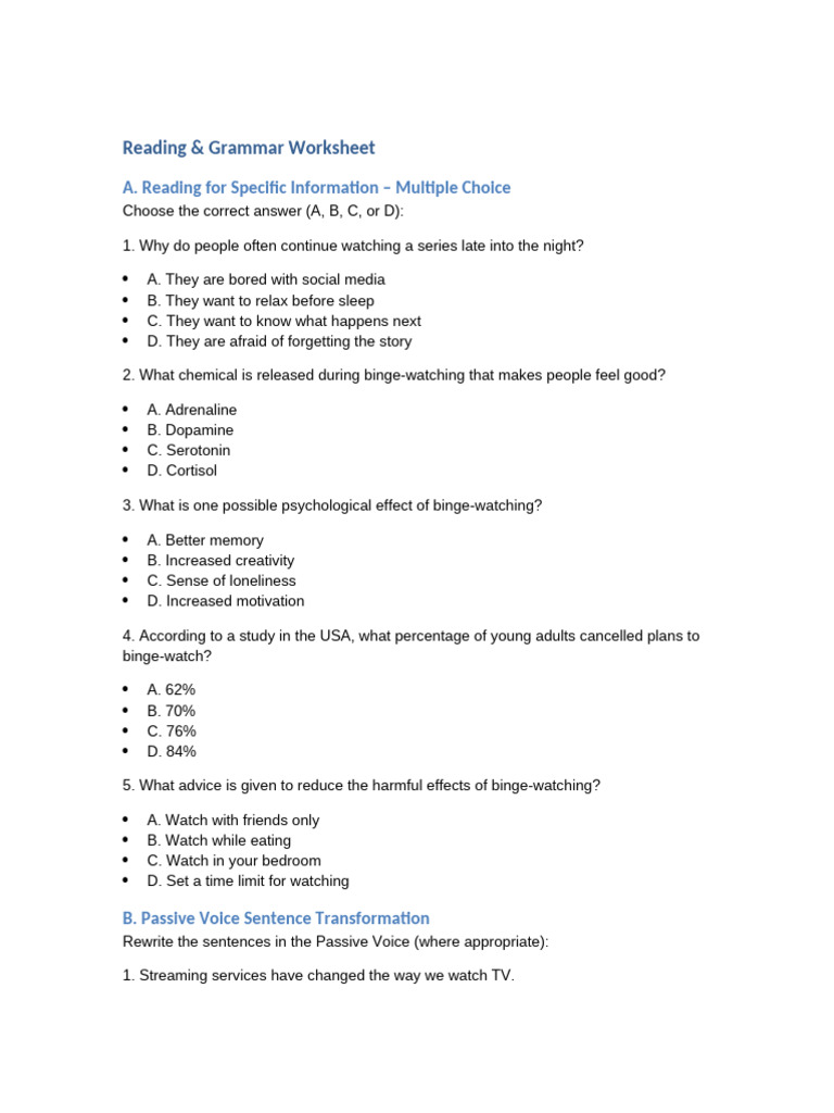 Reading and Passive Voice Worksheet | PDF