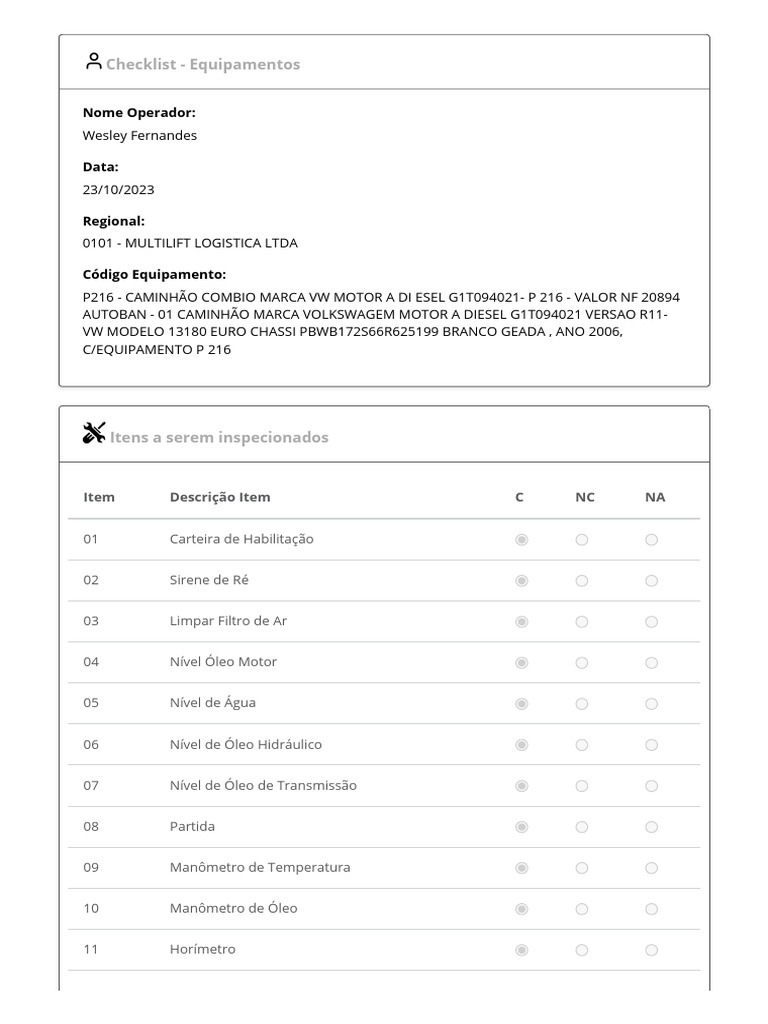 Exemplo de Impressão de Checklist | PDF