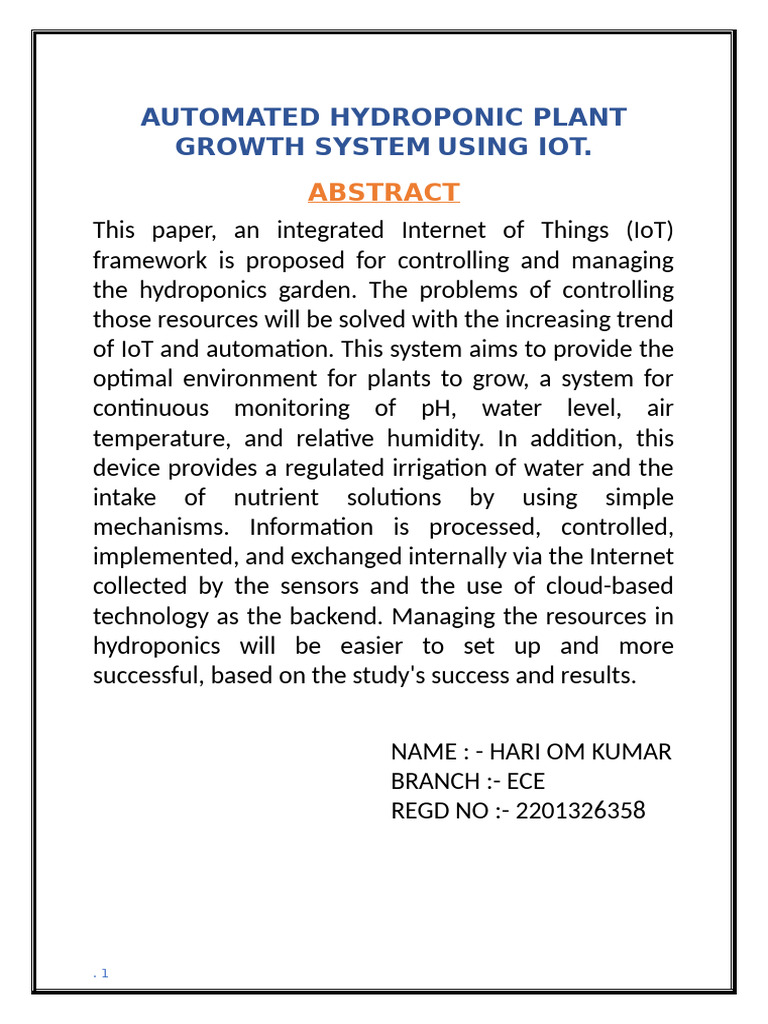 AUTOMATED HYDROPONIC PLANT GROWTH SYSTEM USING IOT | PDF