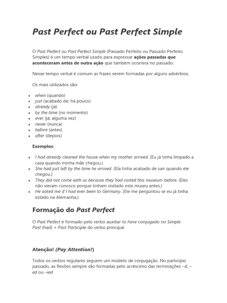 Past Perfect Ou Past Perfect Simple | PDF