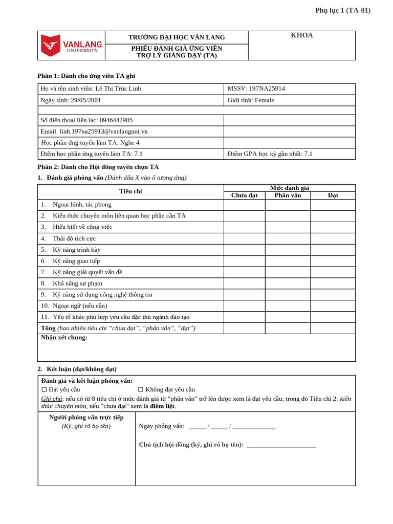 197NA25913 - Le Thi Truc Linh (TA-01) | PDF