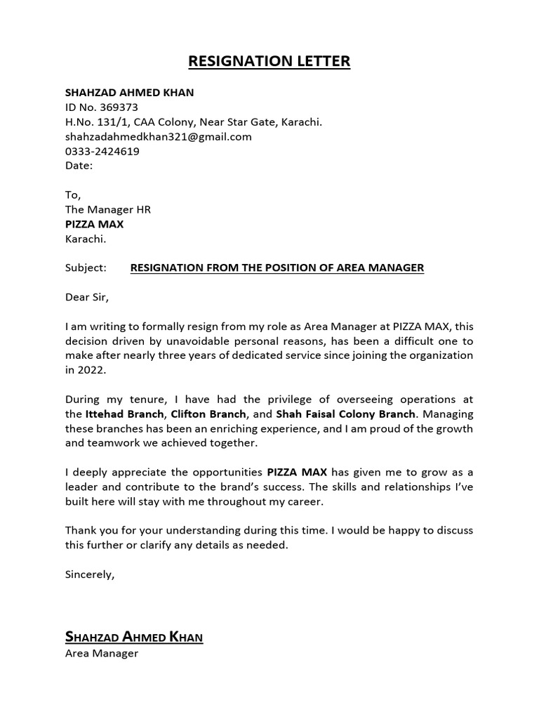 Resignation Letter - Area Manager | PDF