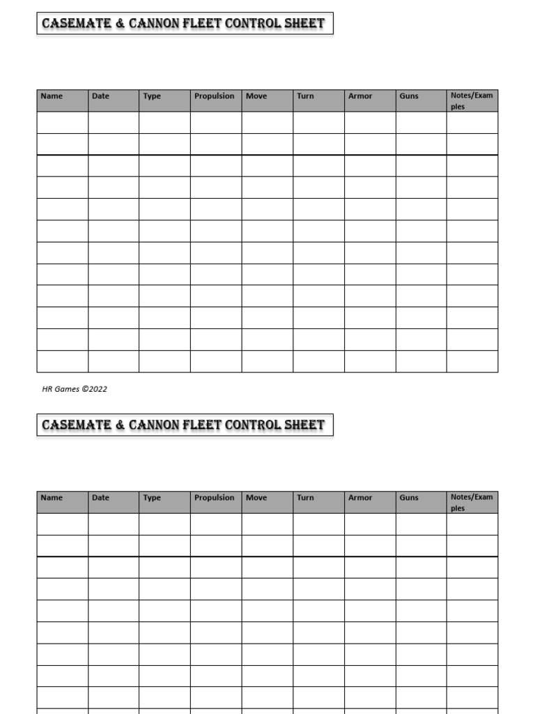 Casemate and Cannon Fleet Control Sheet | PDF