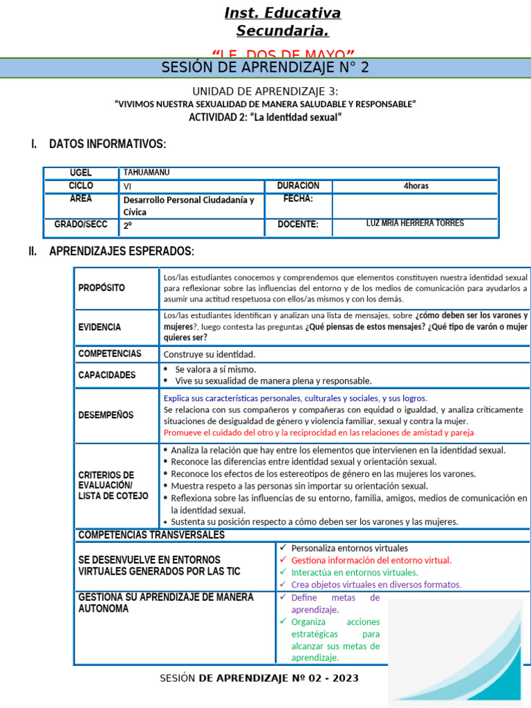 2º DPCC - Ses 2 Uni 3 - Sem 02 | PDF | Aprendizaje | Mujer