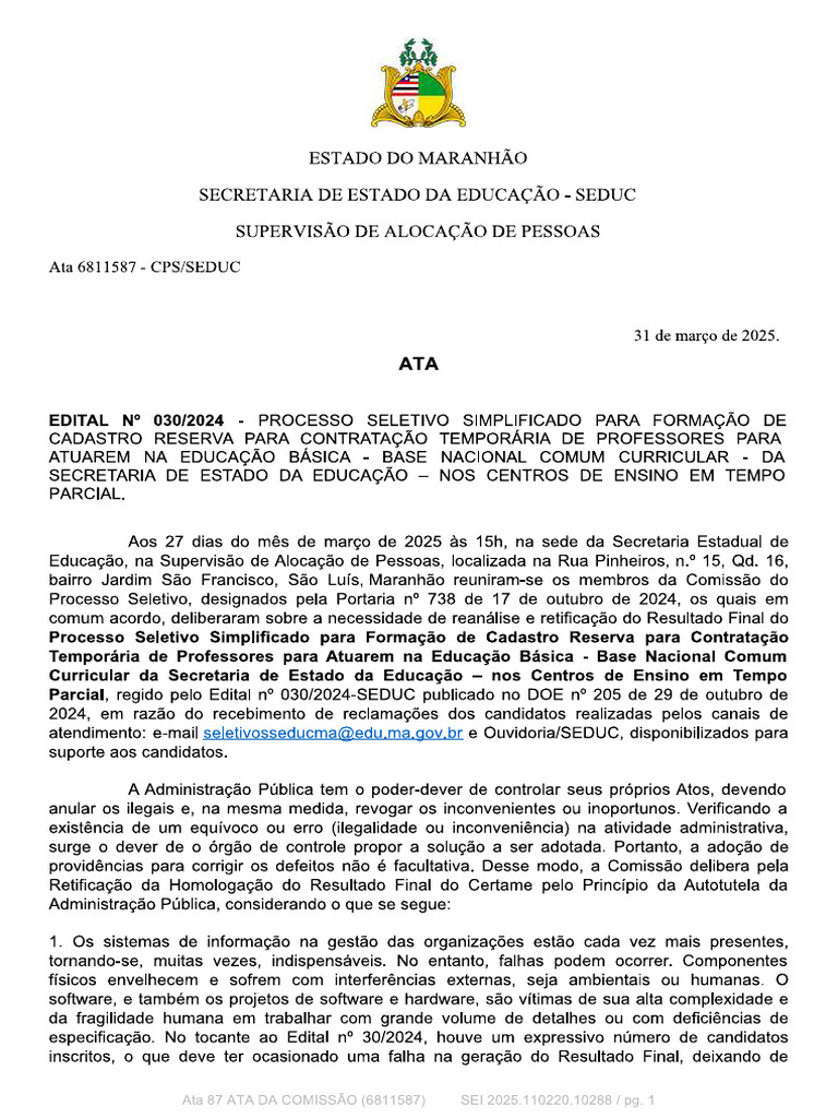 EDITAL No 030 2024 ATA DE DELIBERACAO RETIFICACAO DA HOMOLOGACAO 1 | PDF