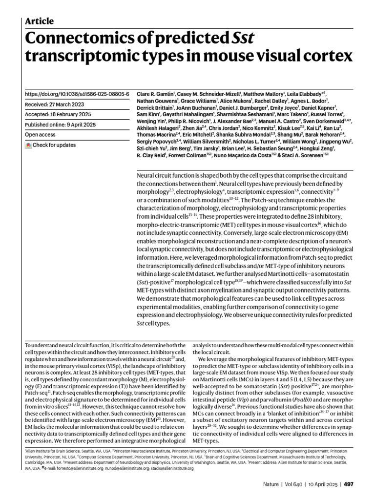 Connectomics of Predicted SST Transcriptomic Types in Mouse Visual ...