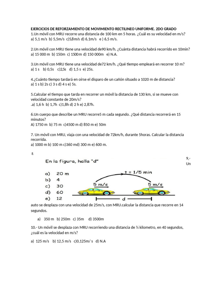 Ejercicios de MRU para 2do grado | PDF