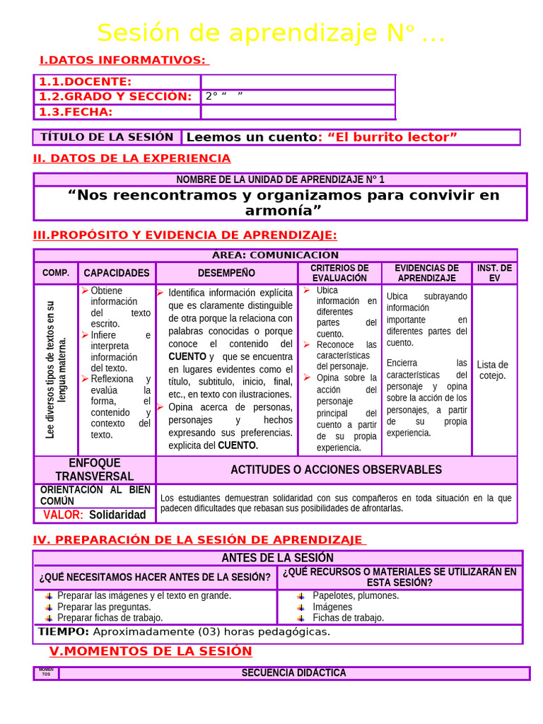 Sesión Leemos Un Cuento El Burrito Lector Maestra Janet 2° | PDF | Aprendizaje