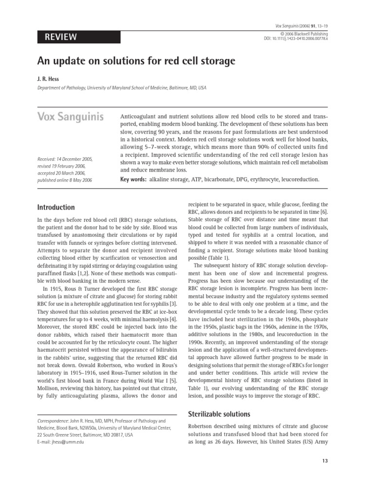 An Update On Solutions For Red Cell Storage | PDF | Red Blood Cell ...